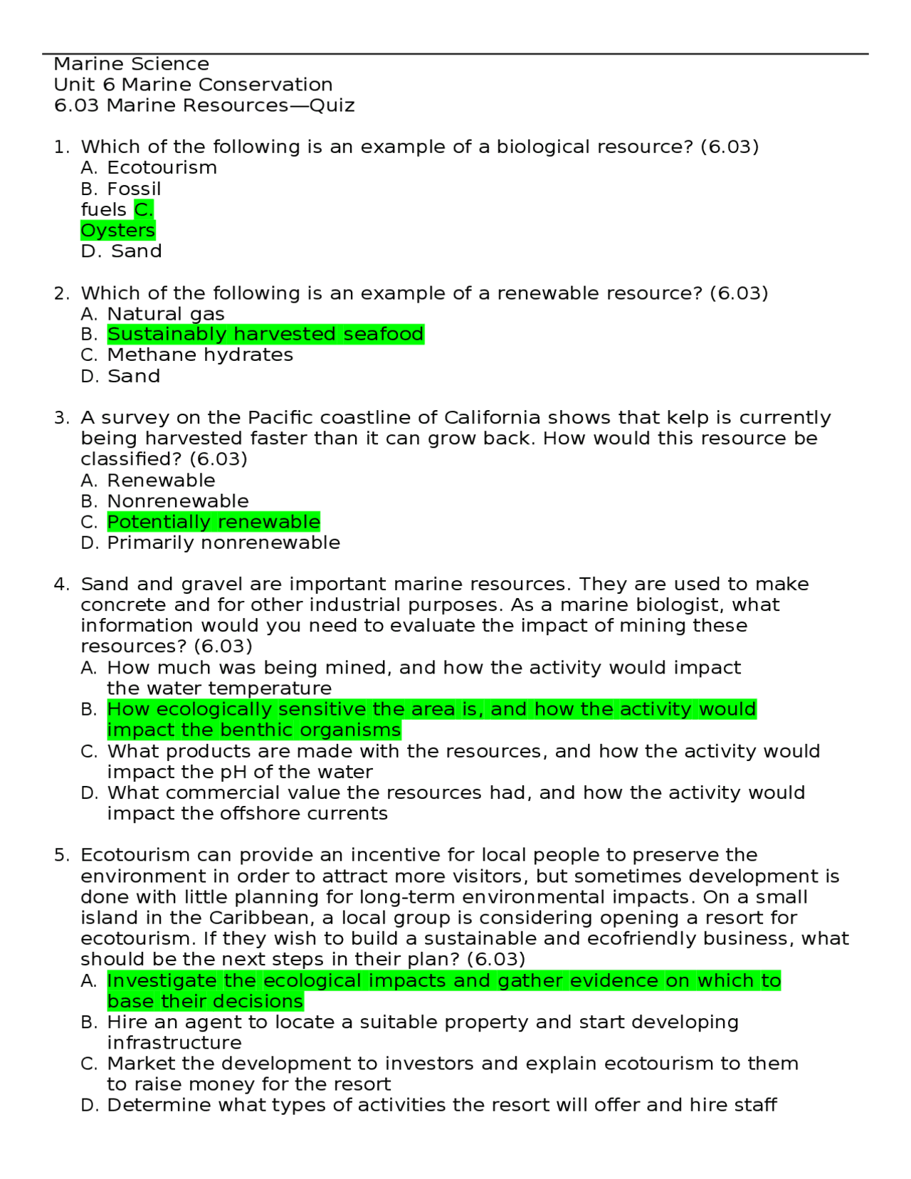 Marine Science Lesson 6.03 Quiz. | Exams Health sciences | Docsity