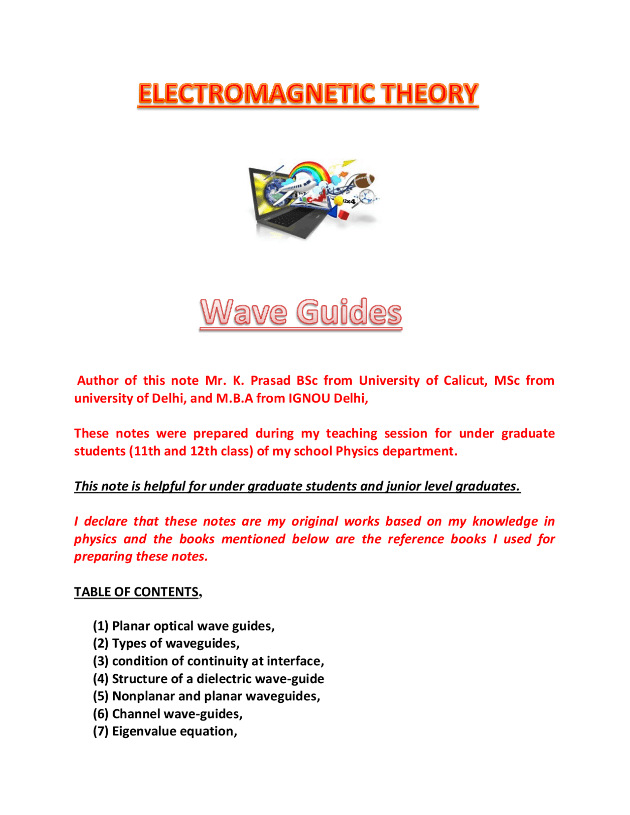 Electromagnetic theory -Wave guides | Study notes Physics | Docsity