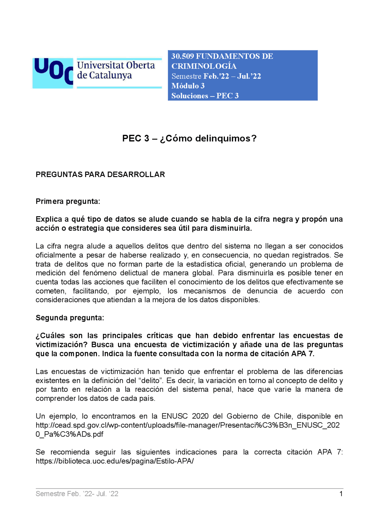 PEC 3 sol Fundamentos de Criminología | Ejercicios de Criminología | Docsity