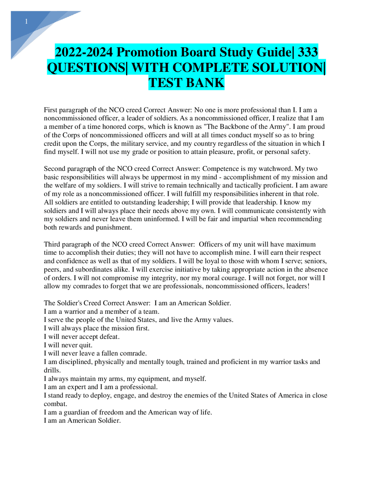 2022-2024 Promotion Board Study Guide| 333QUESTIONS| WITH COMPLETE ...