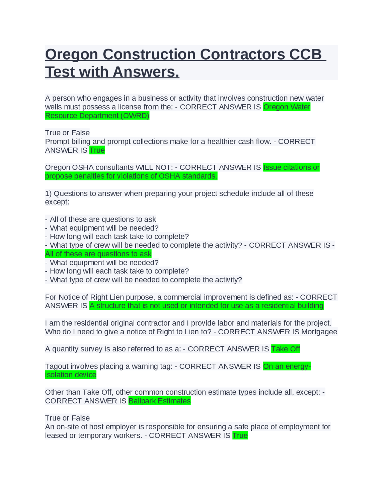 Oregon Construction Contractors CCB Test with Answers. | Exams Civil ...