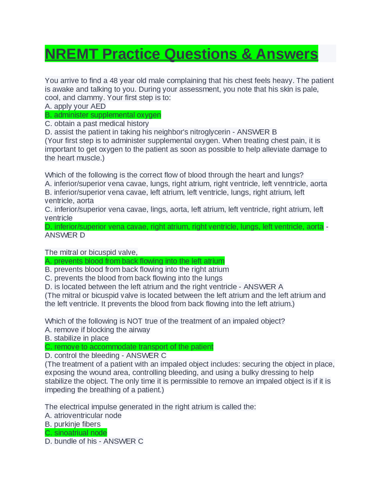 NREMT Practice Questions & Answers | Exams Nursing | Docsity