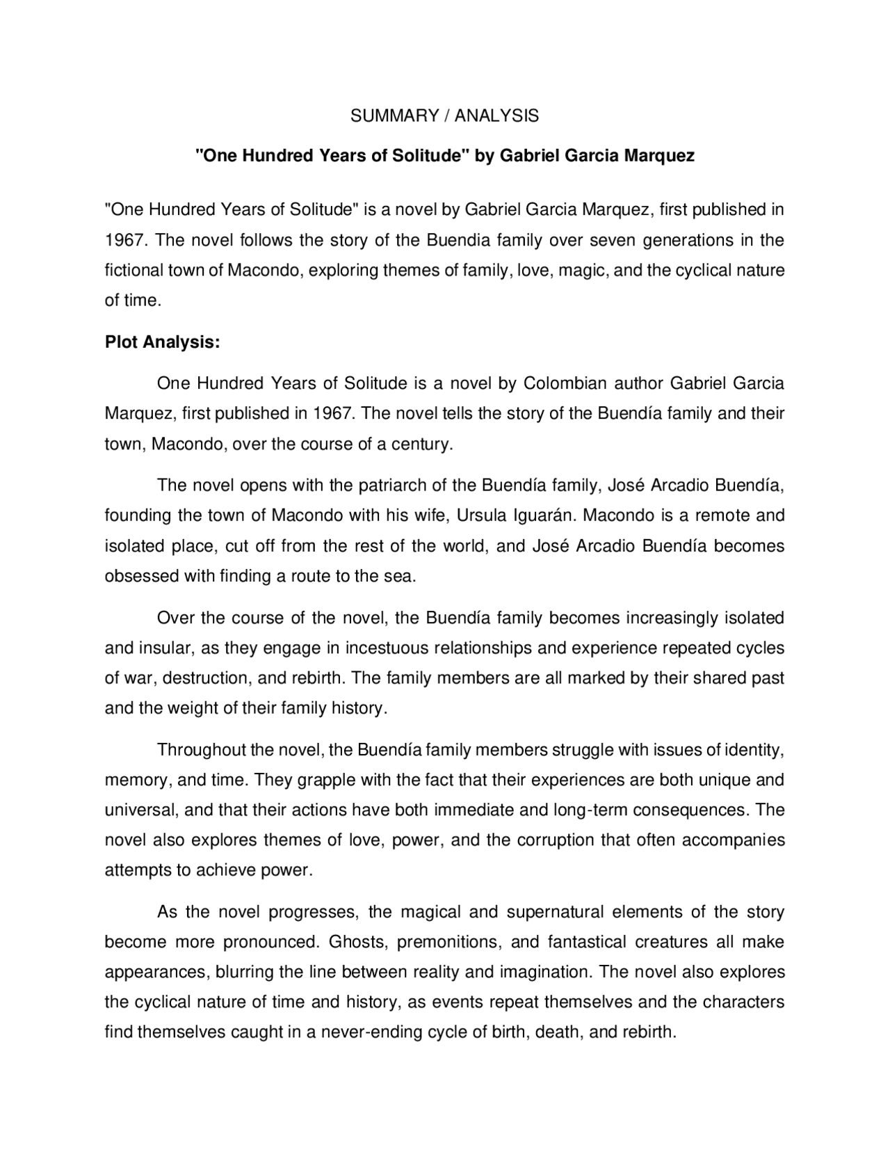 A summary, plot analysis of "One Hundred Years of Solitude" by Gabriel ...