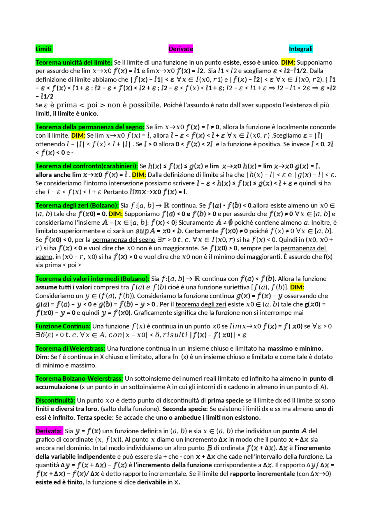Teoria Analisi matematica | Schemi e mappe concettuali di Analisi Matematica I | Docsity