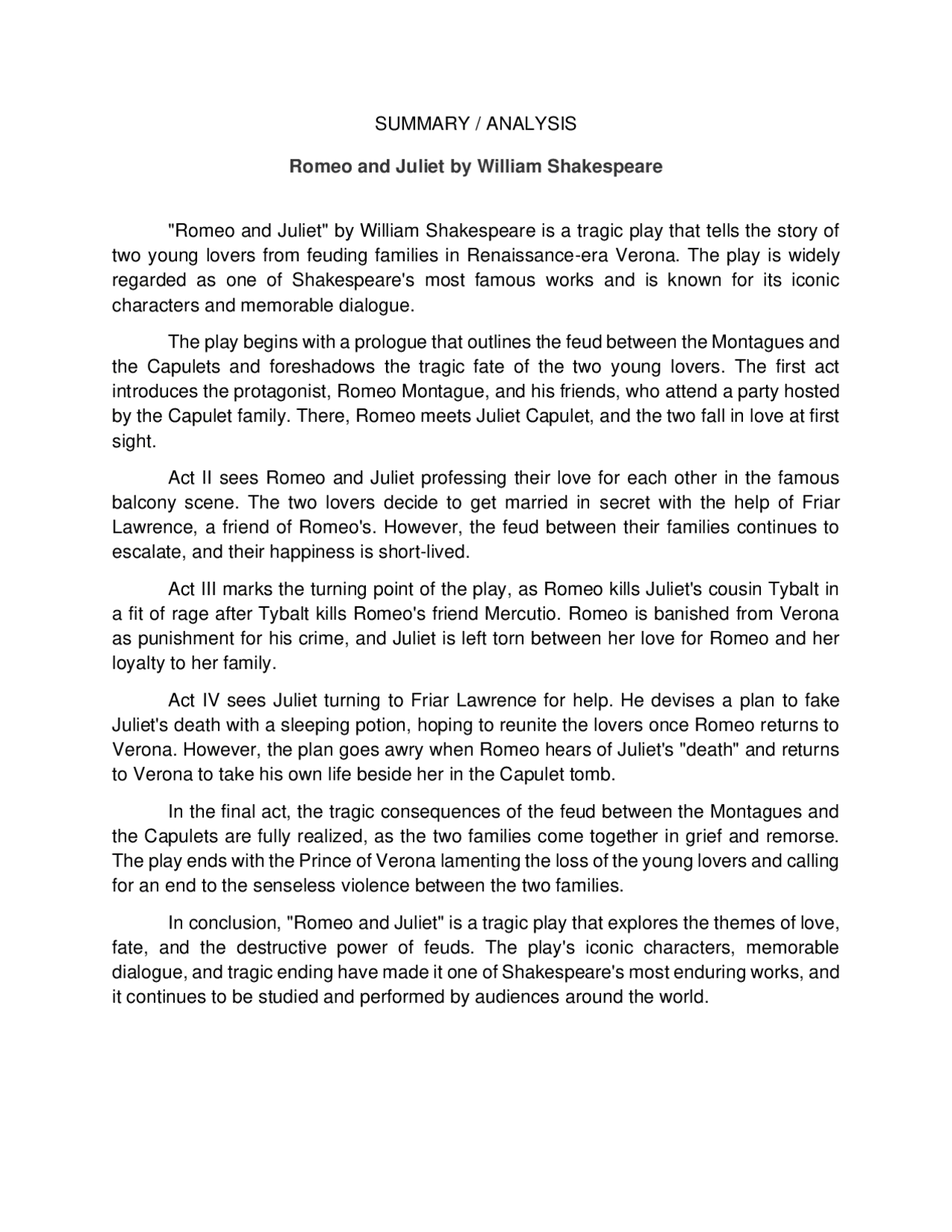 Summary and Analysis of Romeo and Juliet by William Shakespeare ...