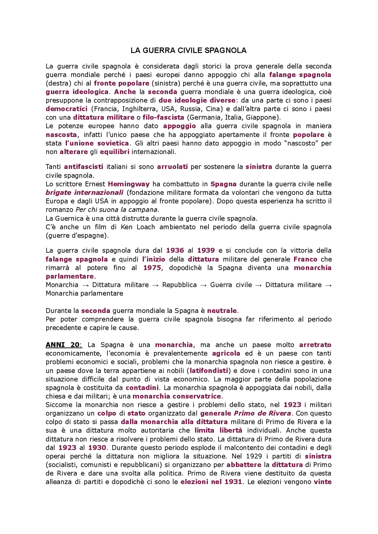Guerra Civilie Spagna Schemi E Mappe Concettuali Di Storia Docsity