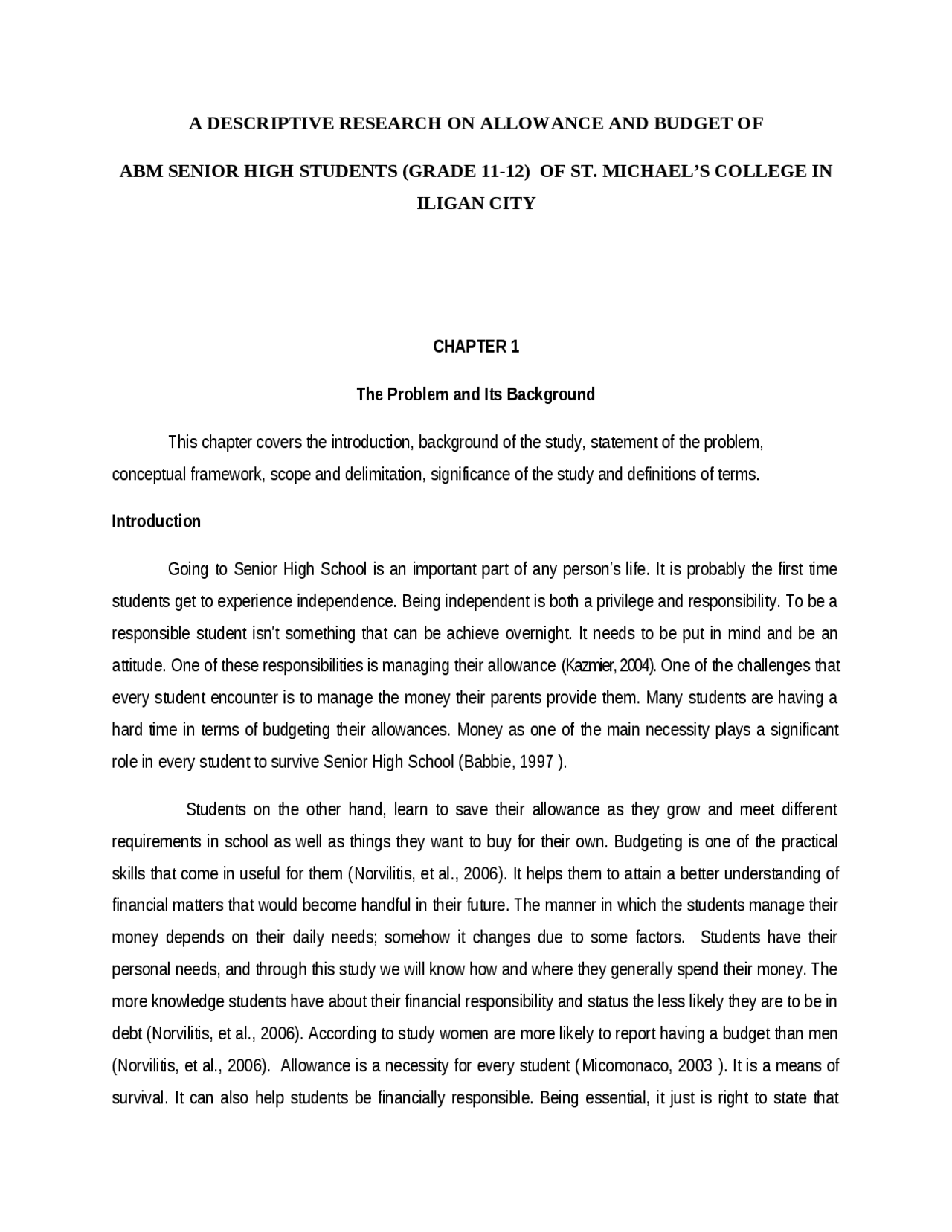 A DESCRIPTIVE RESEARCH ON ALLOWANCE AND BUDGET OF ABM SENIOR HIGH ...