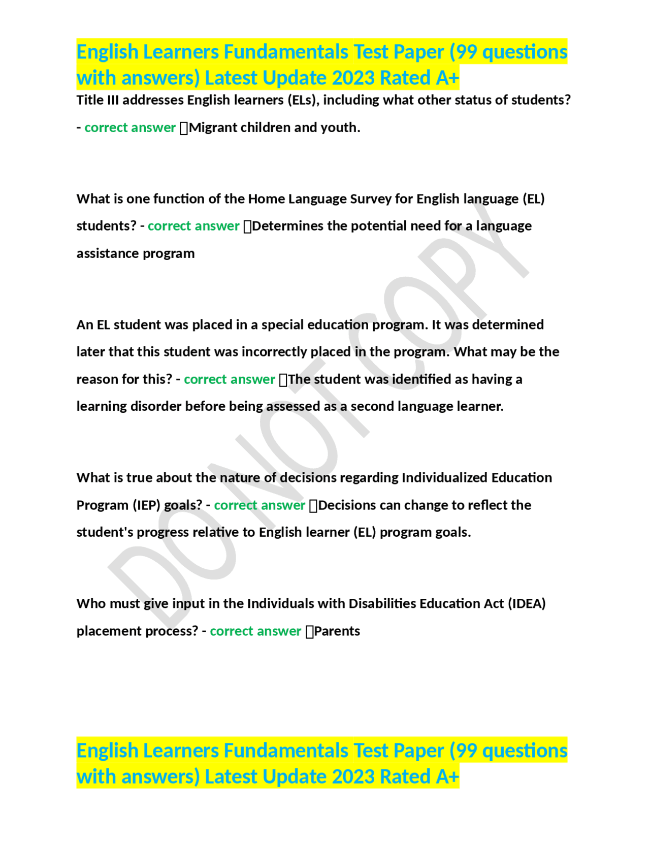 English Learners Fundamentals Test Paper (99 questions with answers ...