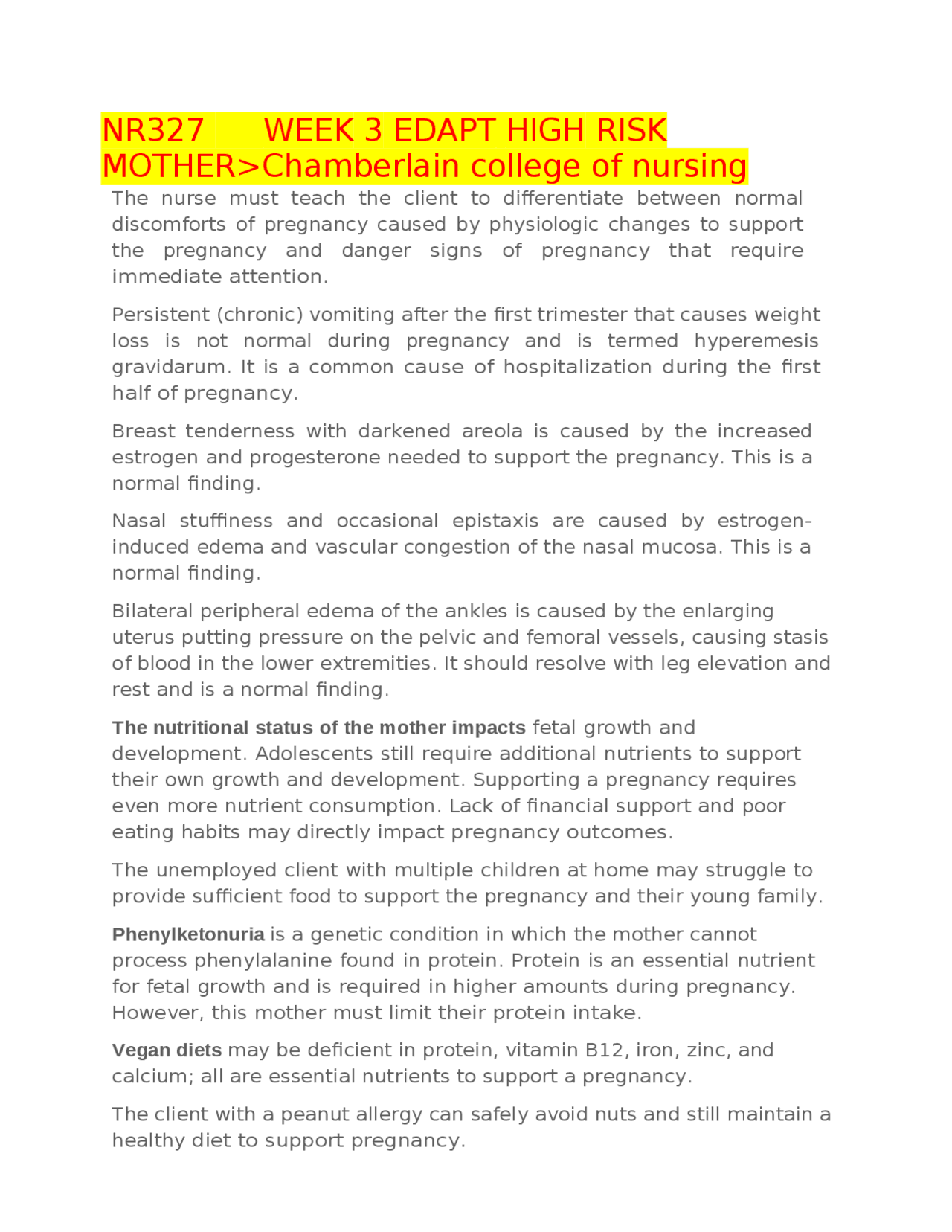 NR327 WEEK 3 EDAPT HIGH RISK MOTHER>Chamberlain college of nursing ...