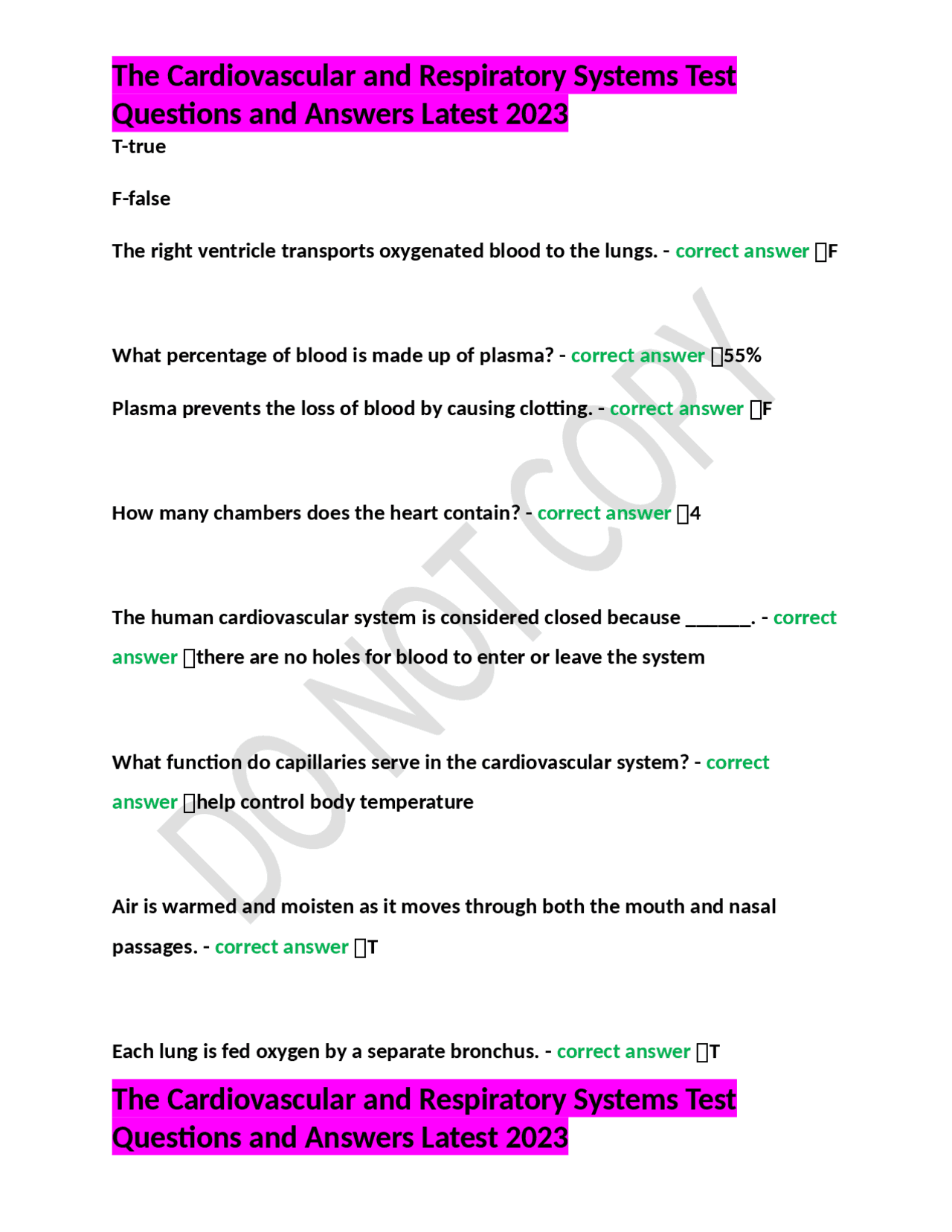 Cardiovascular and Respiratory System Test questions and answers New ...
