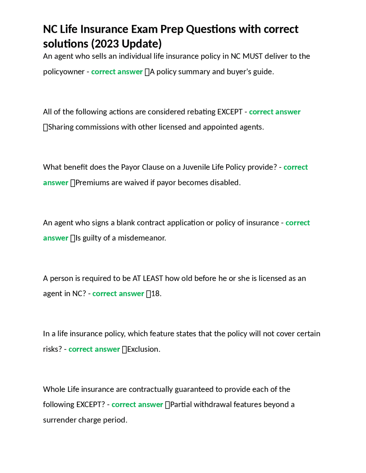 NC Life Insurance Exam Prep Questions with correct solutions (2023 ...