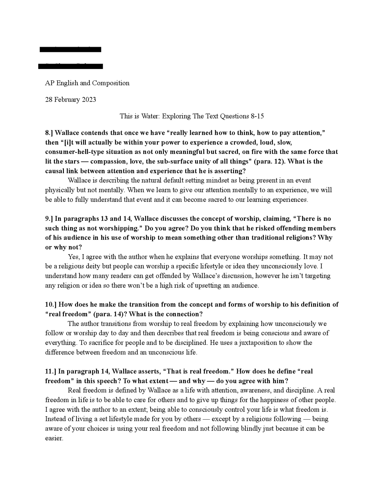 "This is Water" Text questions with answers | Exercises English | Docsity