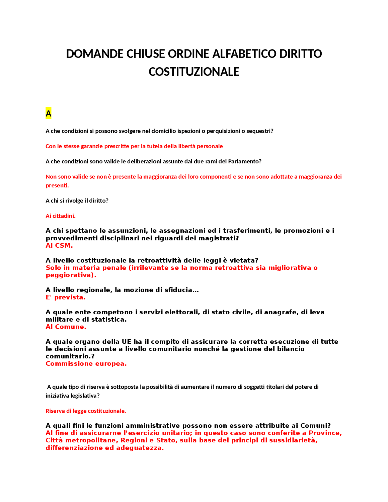 paniere domande chiuse diritto costituzionale | Panieri di Diritto Costituzionale | Docsity