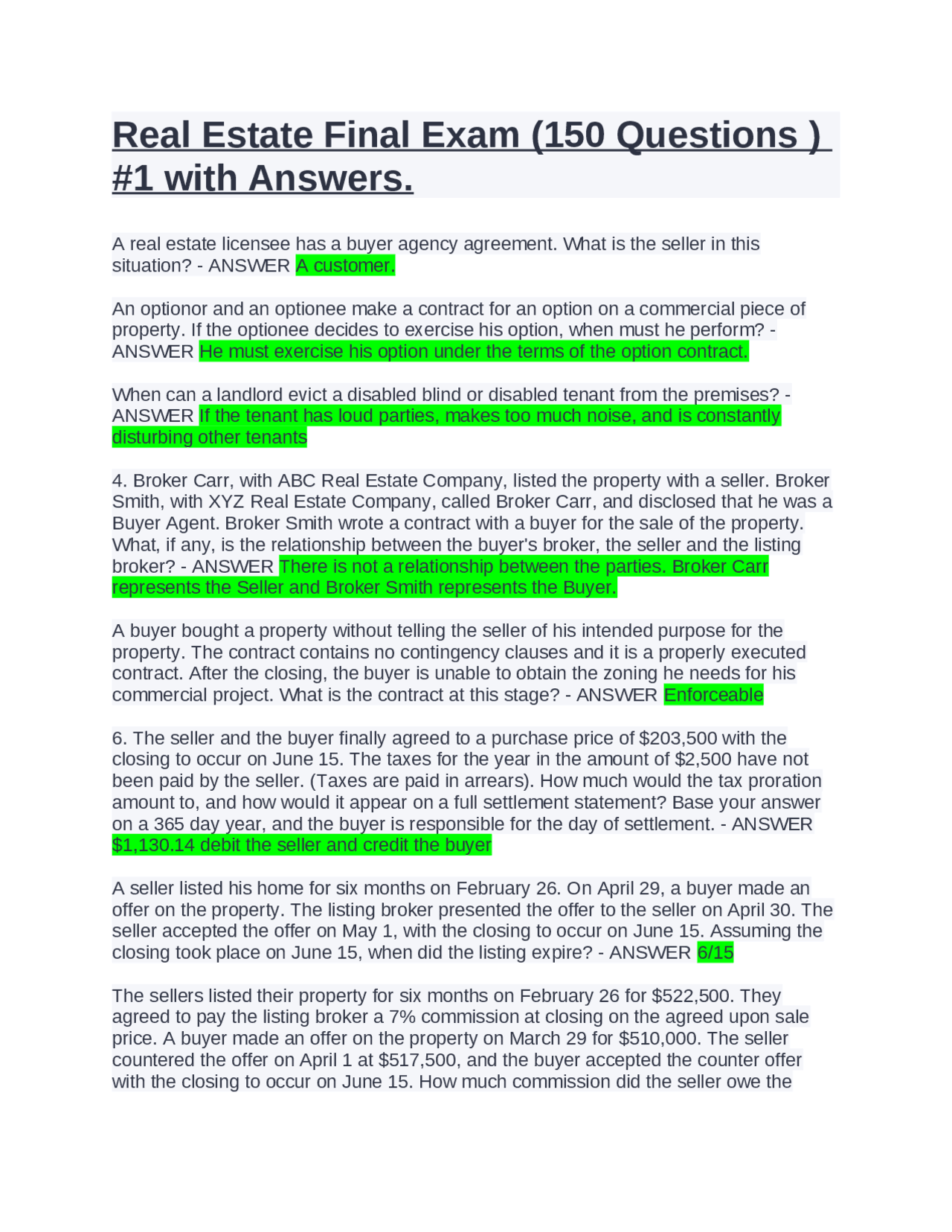 Real Estate Final Exam (150 Questions ) #1 with Answers | Exams Real ...