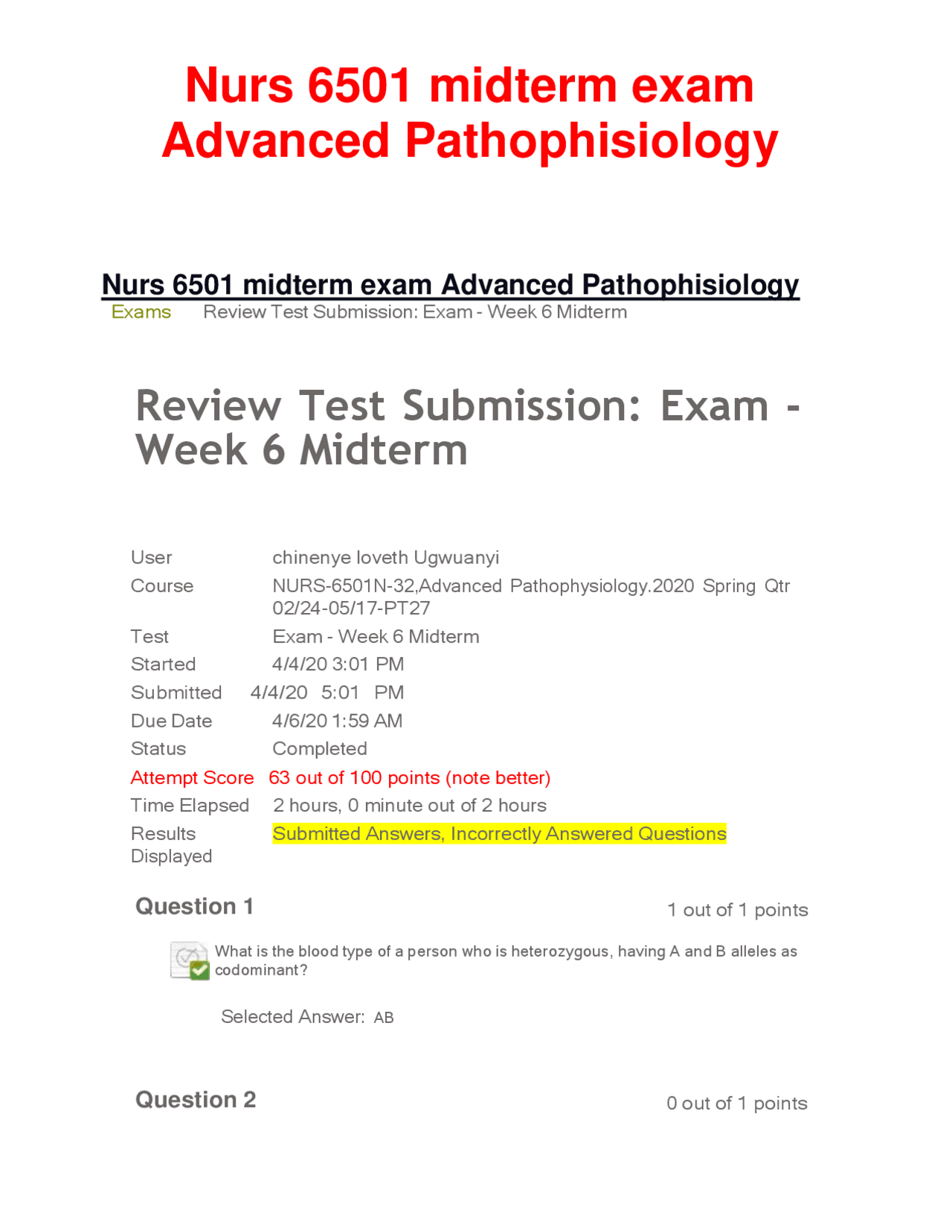 Nurs 6501 Midterm Exam Review | Exams Nursing | Docsity