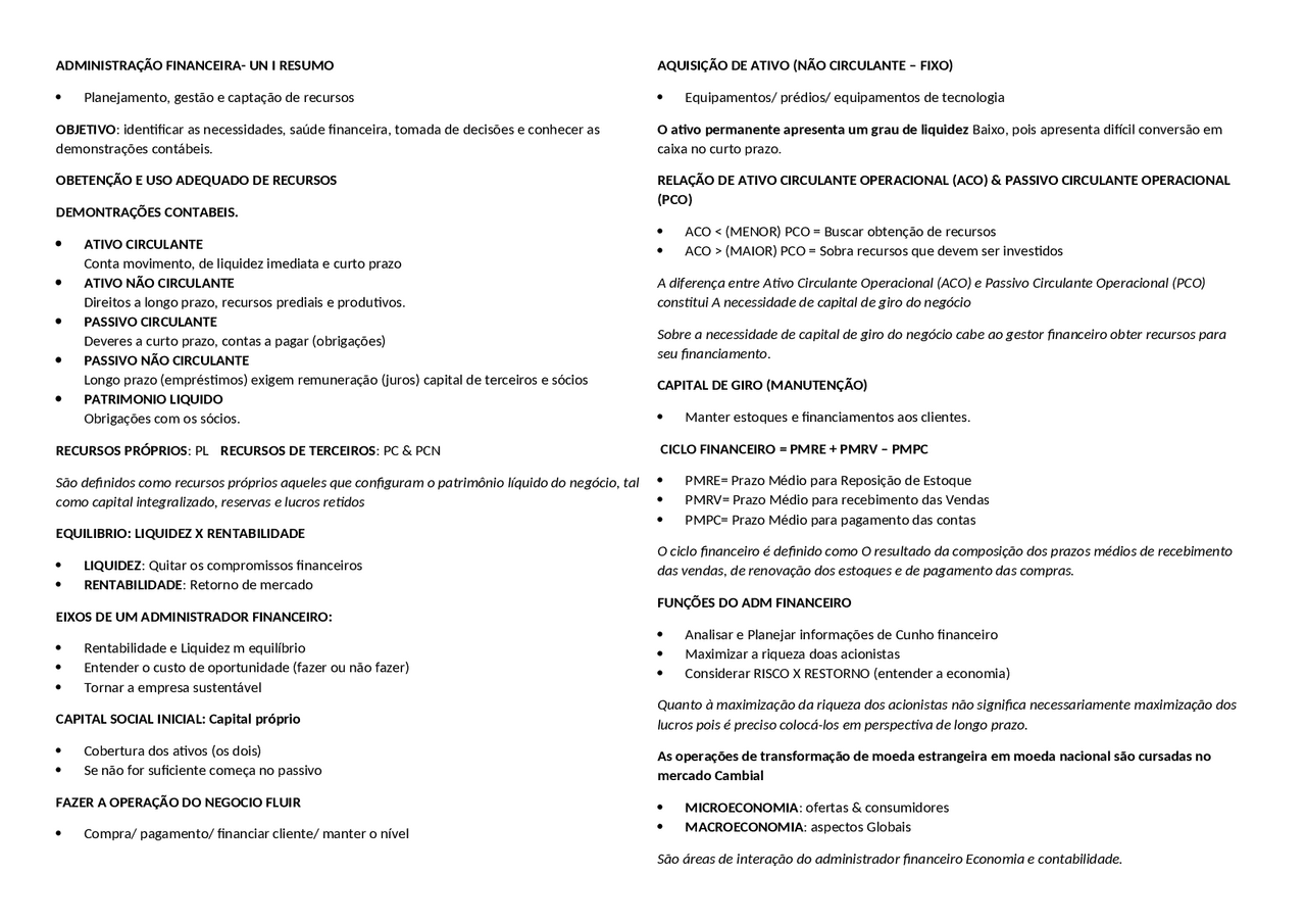 AdministraÇÃo Financeira Un I Resumos Administração Empresarial Docsity