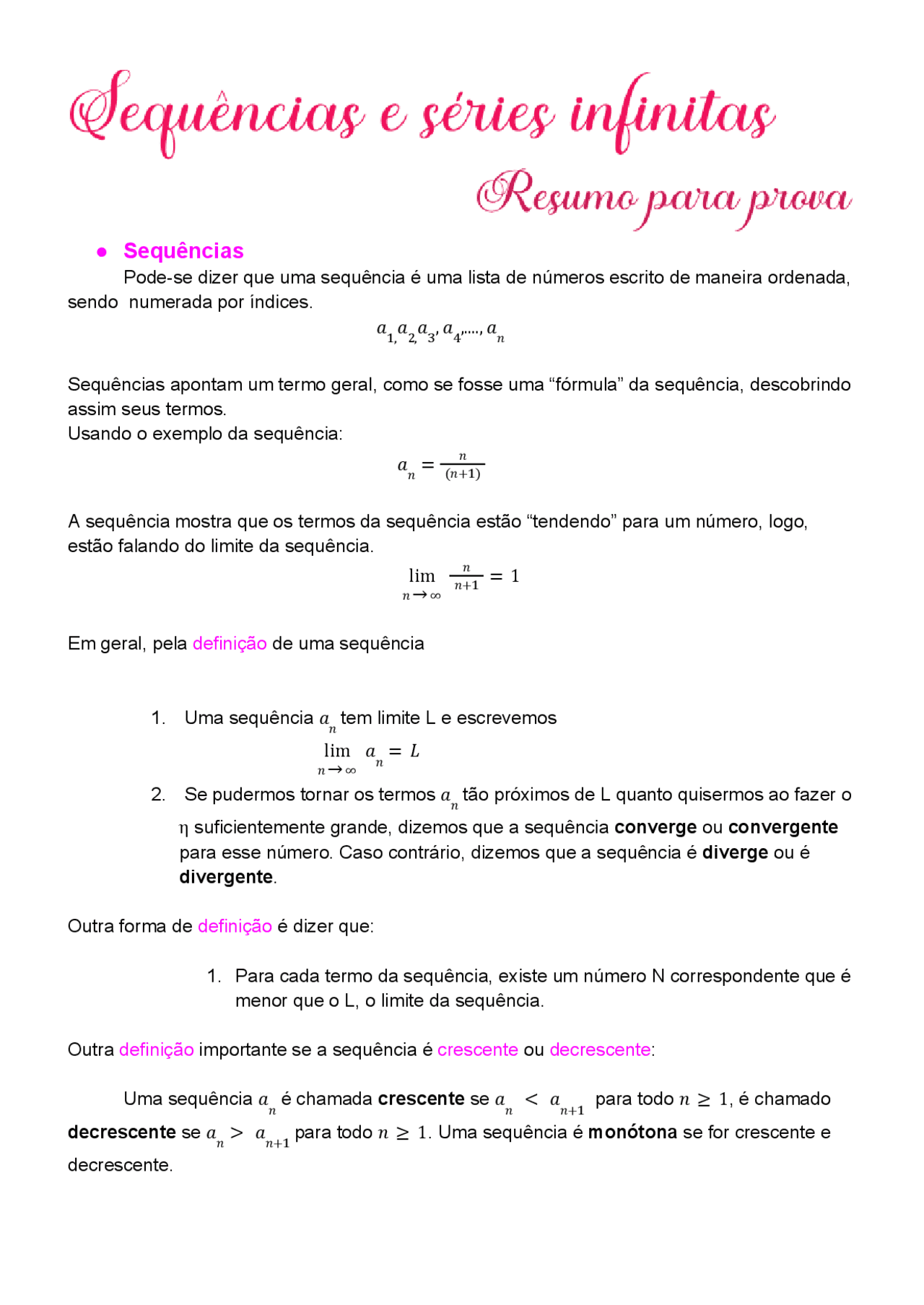 Sequências E Séries Infinitas Cálculo Ii Resumos Cálculo