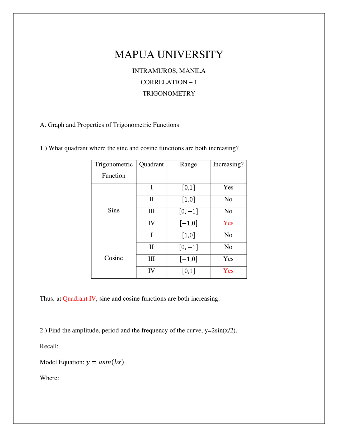 EE198L - Correlation 1 - Trigonometry - Solutions | Exercises Trigonometry | Docsity