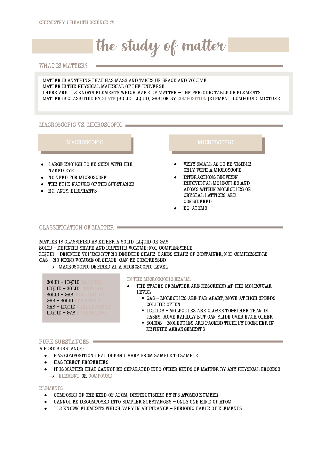 The study of matter - Chemistry | Cheat Sheet Chemistry | Docsity
