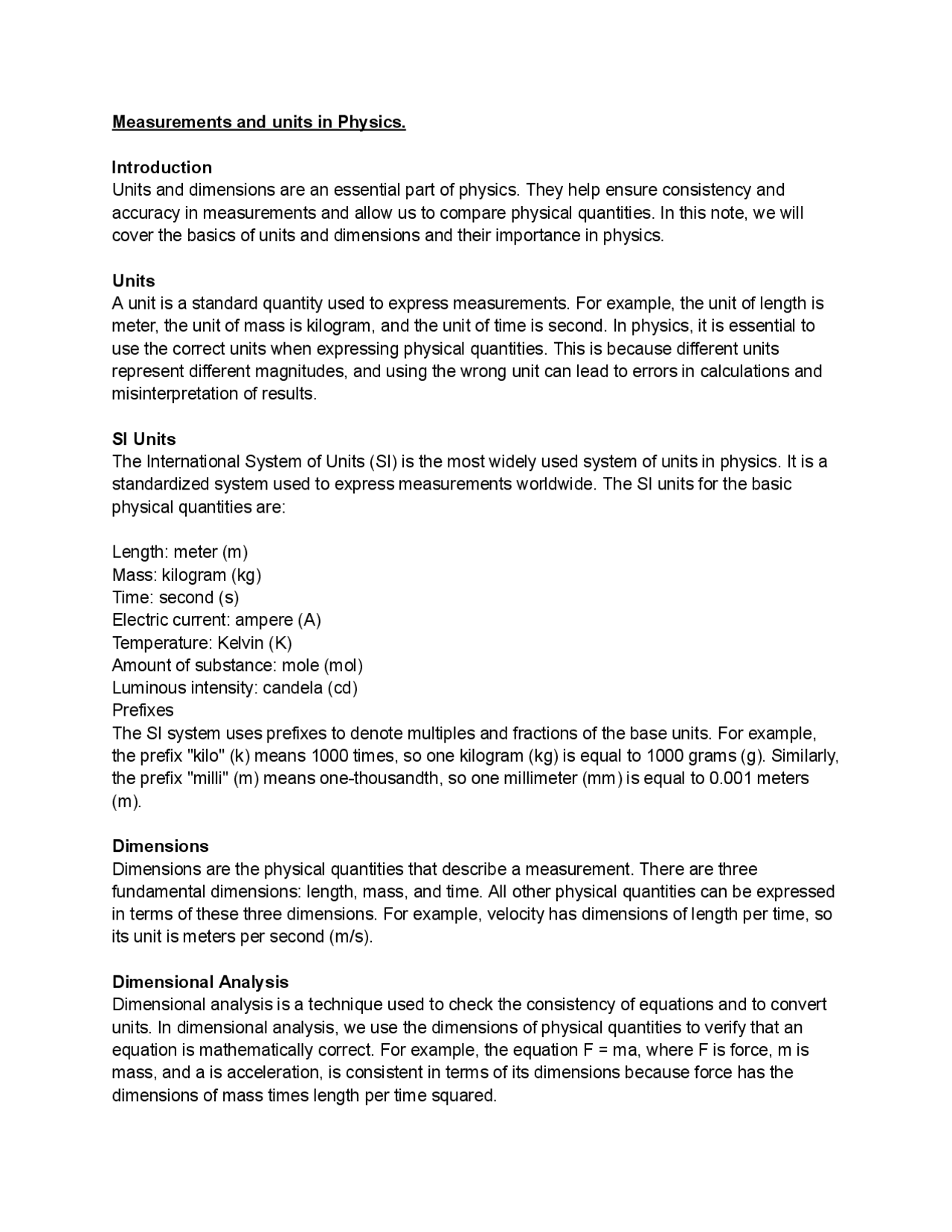 Measurement and Units Summary. | Study notes Physics | Docsity