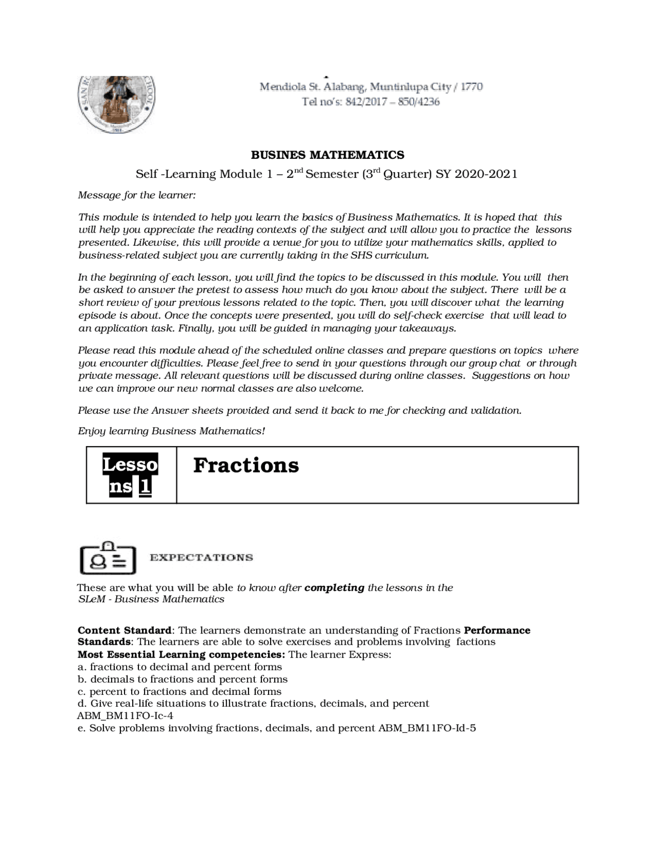 A Lesson in Business Mathematics | Lecture notes Mathematics | Docsity