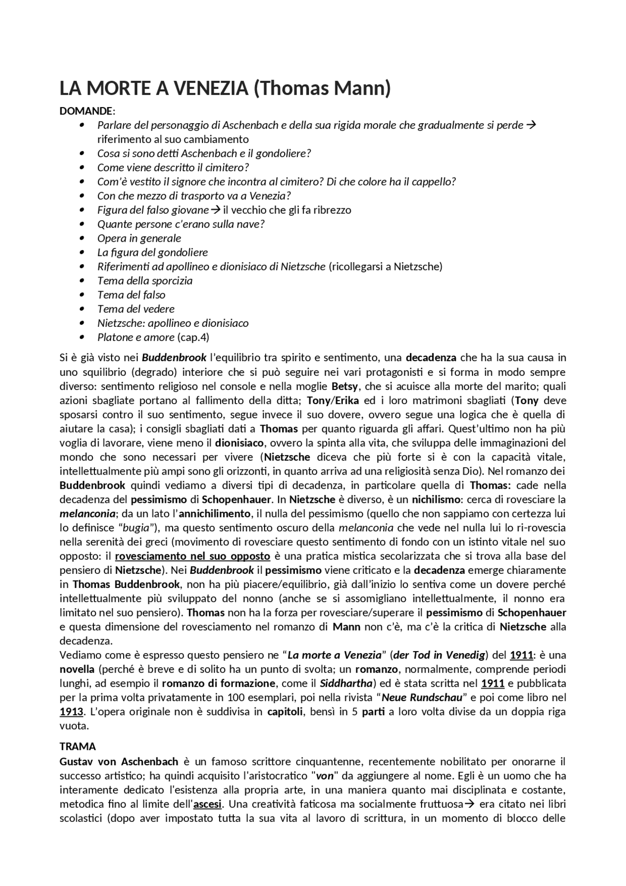 La Morte A Venezia Thomas Mann Appunti Di Letteratura Tedesca Docsity