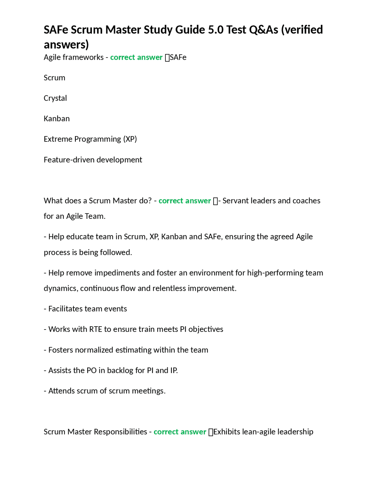 SAFe Scrum Master Study Guide 5.0 Test Q&As (verified answers) | Exams ...