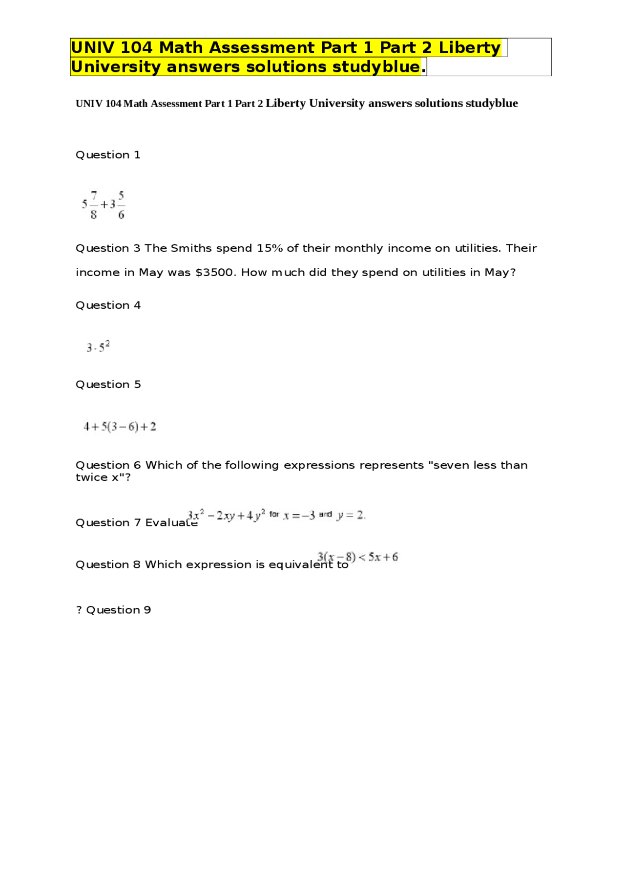 UNIV 104 Math Assessment Part 1 Part 2 Liberty University answers solutions studyblue | Exams ...