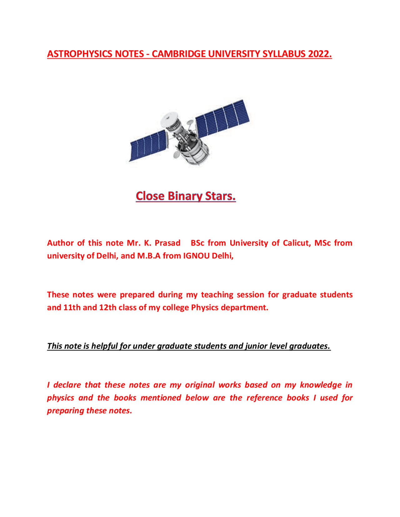 Astrophysics Notes Cambridge University Syllabus 2022 Close Binary