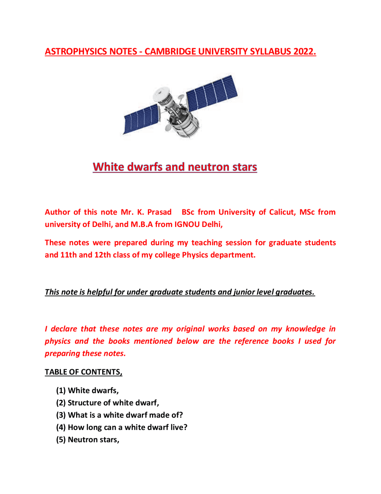 Astrophysics Notes Cambridge University Syllabus 2022 White Dwarfs