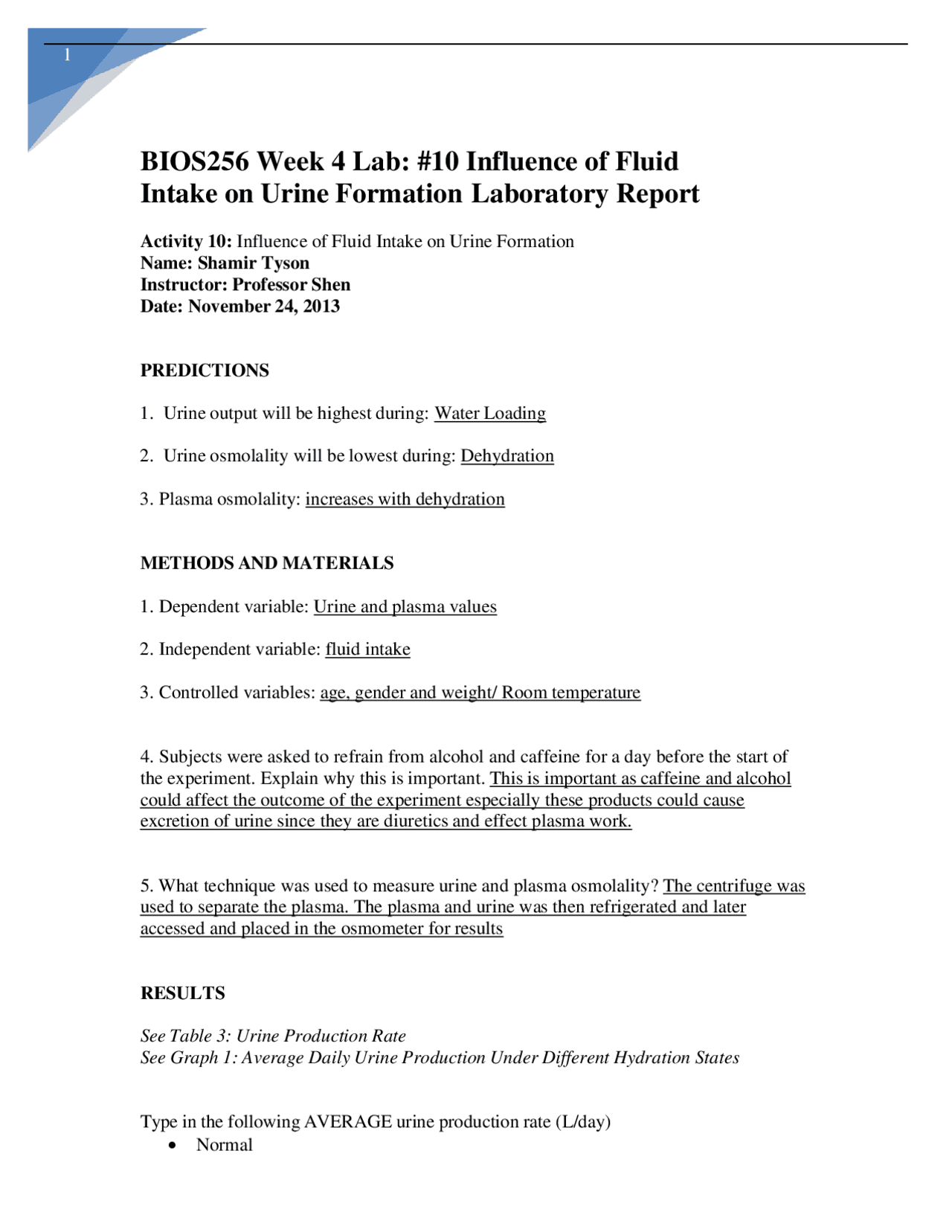 BIOS256 Week 4 Lab #10 Influence of Fluid Intake on Urine Formation ...