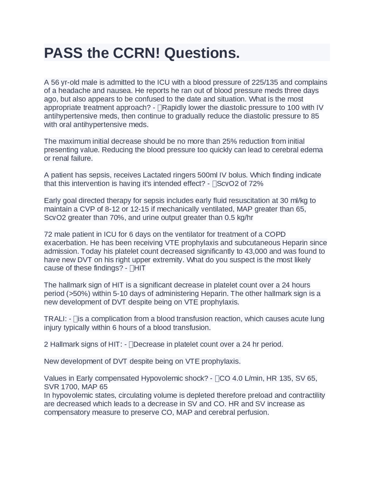 PASS the CCRN! Questions | Exams Nursing | Docsity