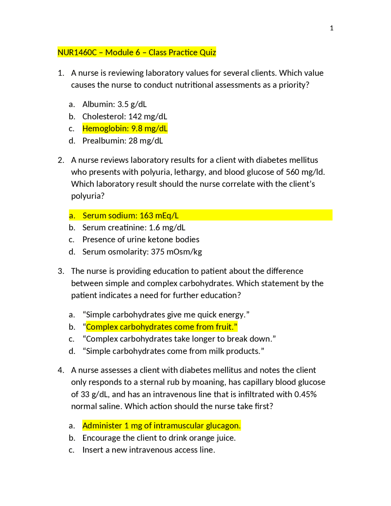 NUR1460C – Module 6 – Class Practice Quiz | Exams Nursing | Docsity