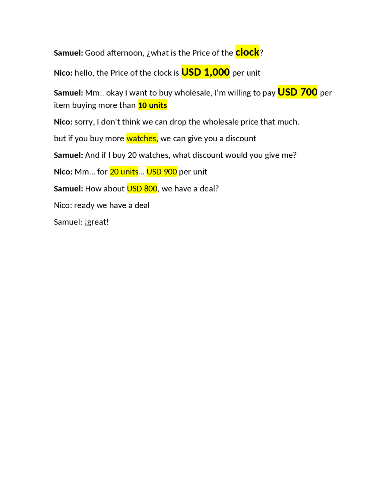 Wholesale Clock Pricing Negotiation | Ejercicios de Idioma Inglés | Docsity