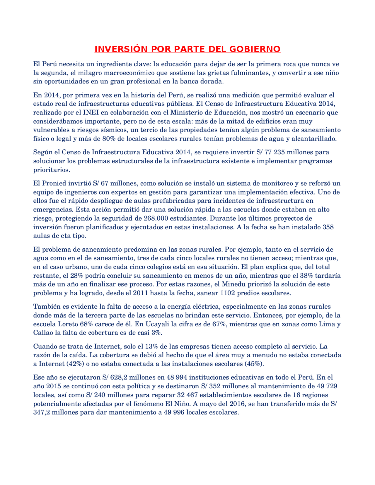 Inversión gubernamental en infraestructura educativa en Perú | Tesis de ...