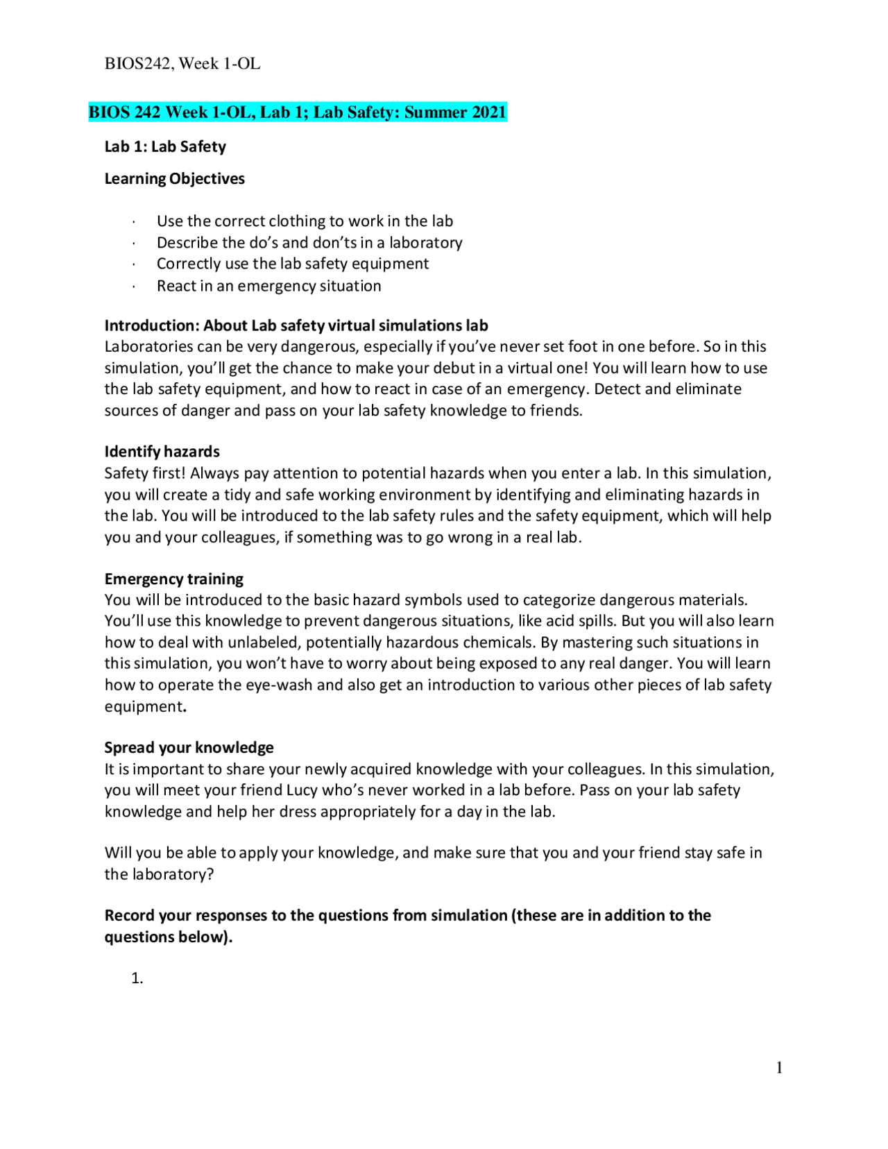 BIOS 242 Week 1-OL, Lab 1; Lab Safety Summer 2021 | Exams Nursing | Docsity