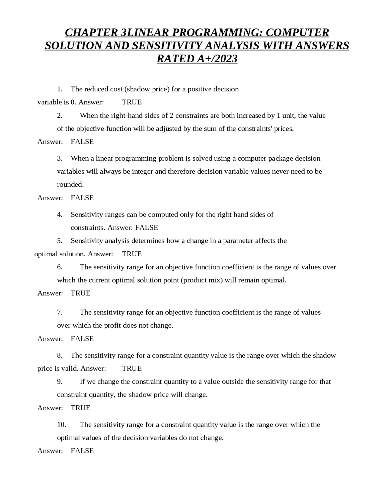 CHAPTER 3 LINEAR PROGRAMMING: COMPUTER SOLUTION AND SENSITIVITY ANALYSIS WITH ANSWERS RATE ...