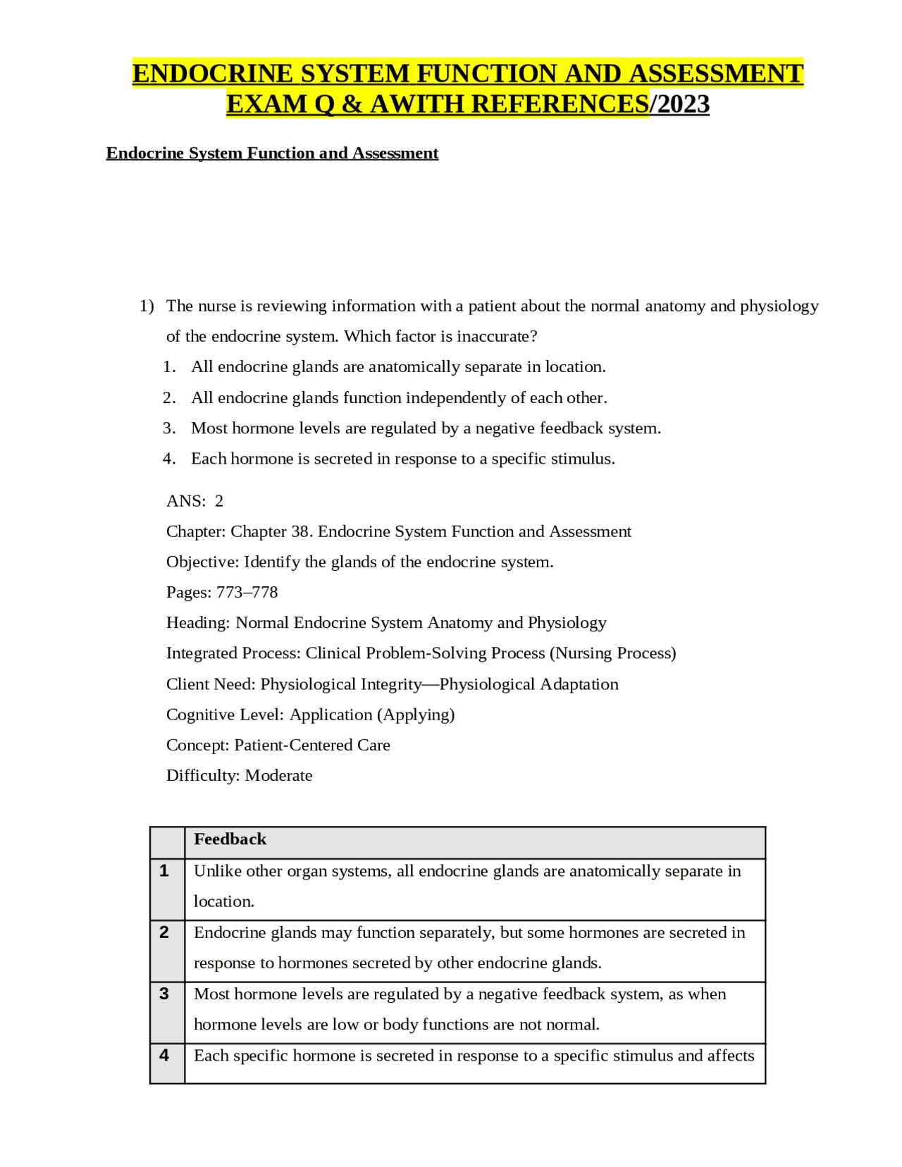 ENDOCRINE SYSTEM FUNCTION AND ASSESSMENT EXAM Q & AWITH REFERENCES/2023 ...