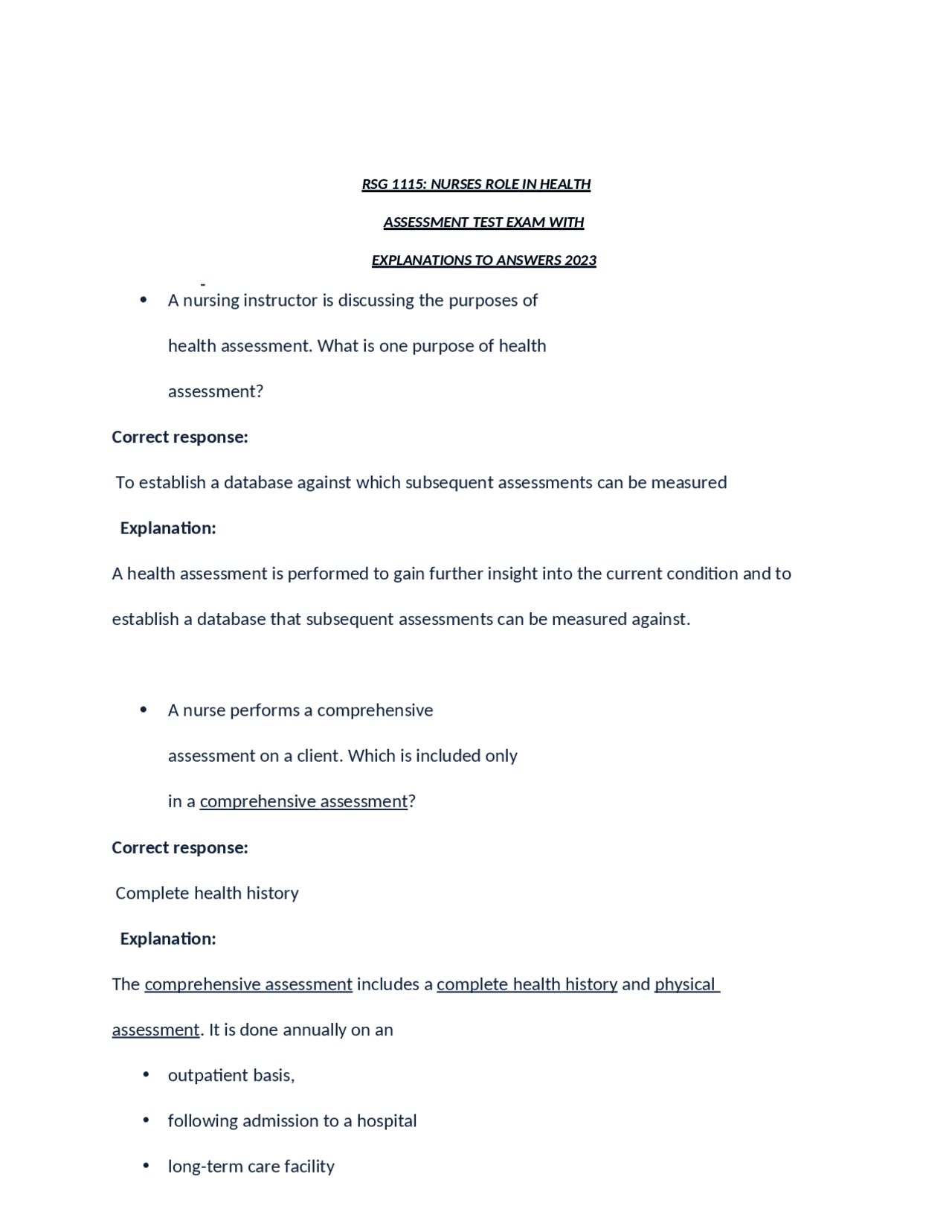 RSG 1115: NURSES ROLE IN HEALTH ASSESSMENT TEST EXAM WITH EXPLANATIONS ...