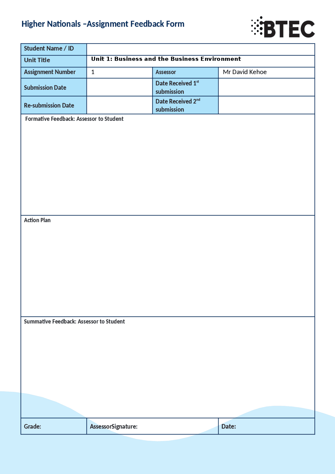 Higher National Business Assignment Feedback Form | Study Guides ...