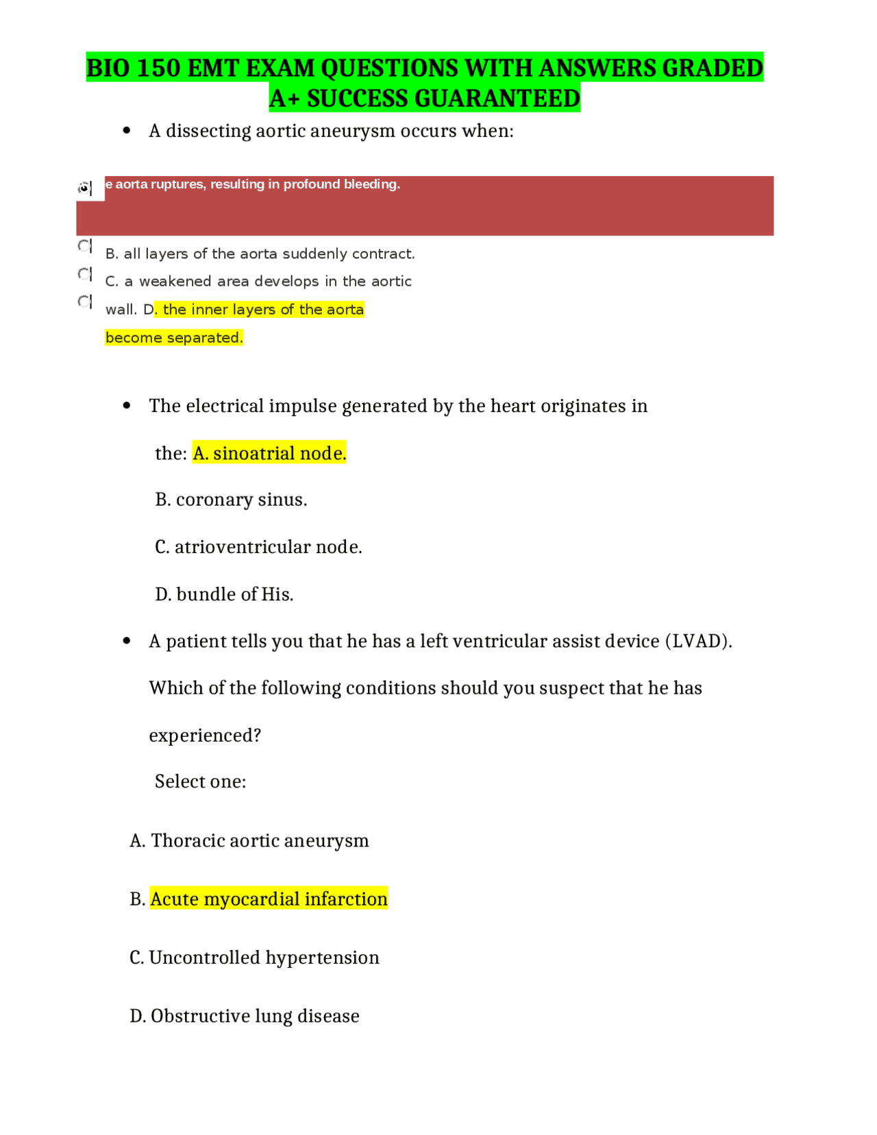 BIO 150 EMT EXAM QUESTIONS WITH ANSWERS GRADED A+ SUCCESS GUARANTEED ...