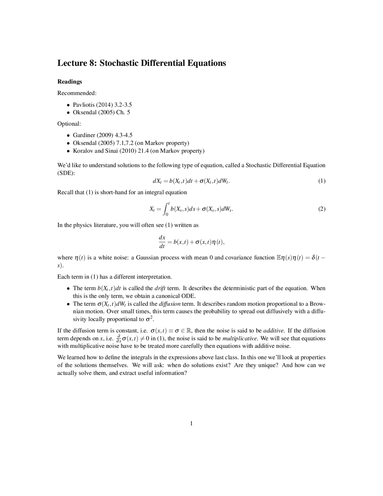 Stochastic Differential Equations Lecture 8 Lecture Notes