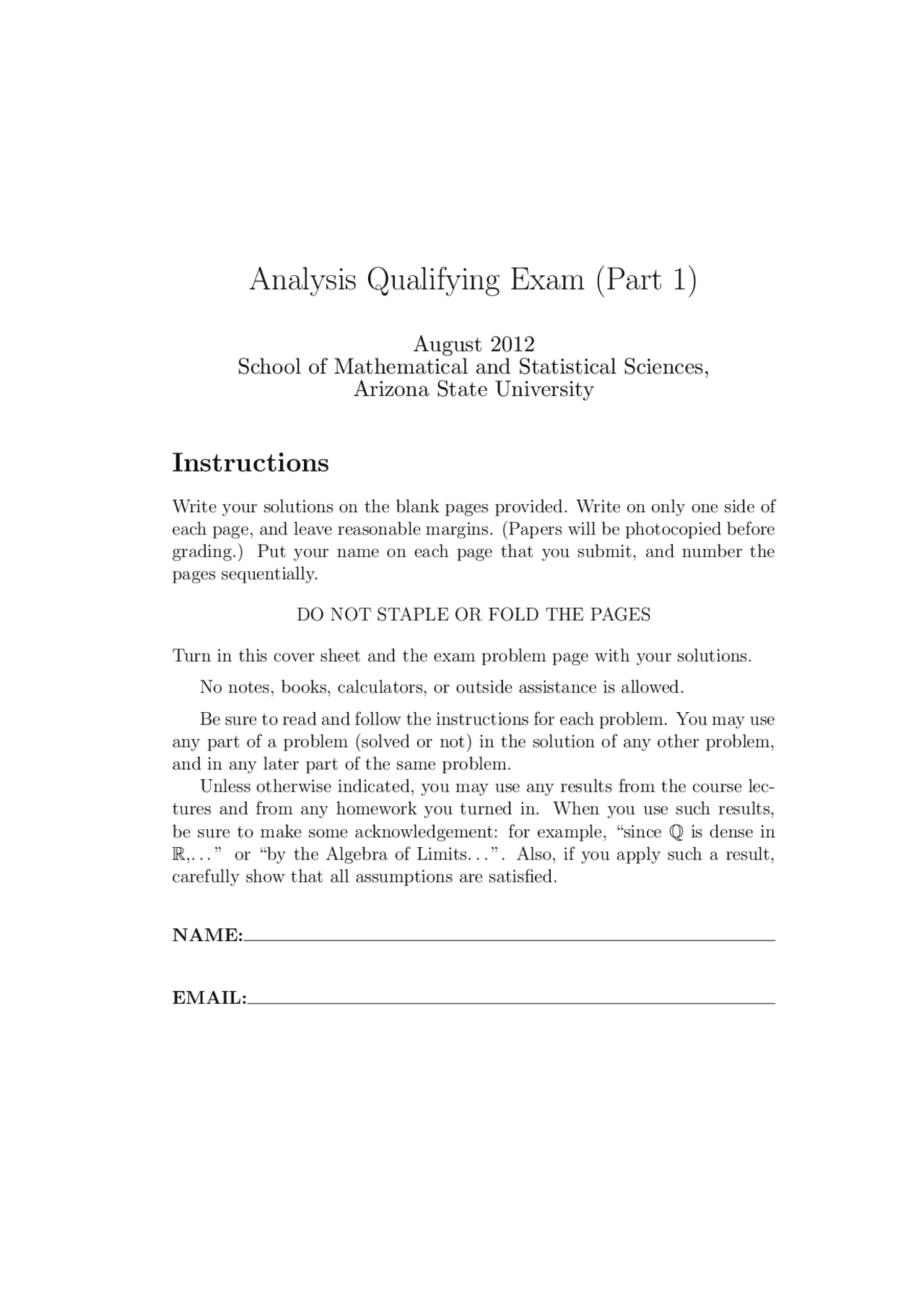Analysis Qualifying Exam Part 1 Exams Calculus Docsity