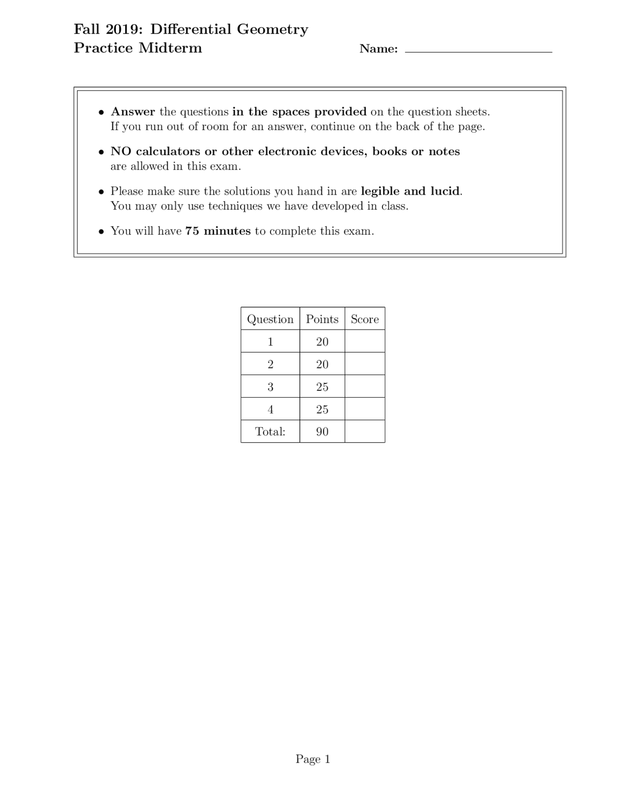 Practice Midterm In Differential Geometry Exams Geometry Docsity