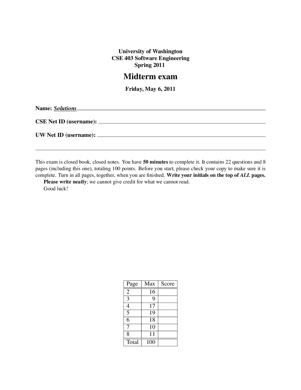 CSE 403 Software Engineering Midterm Exam Solutions | Exercises Programming Languages | Docsity