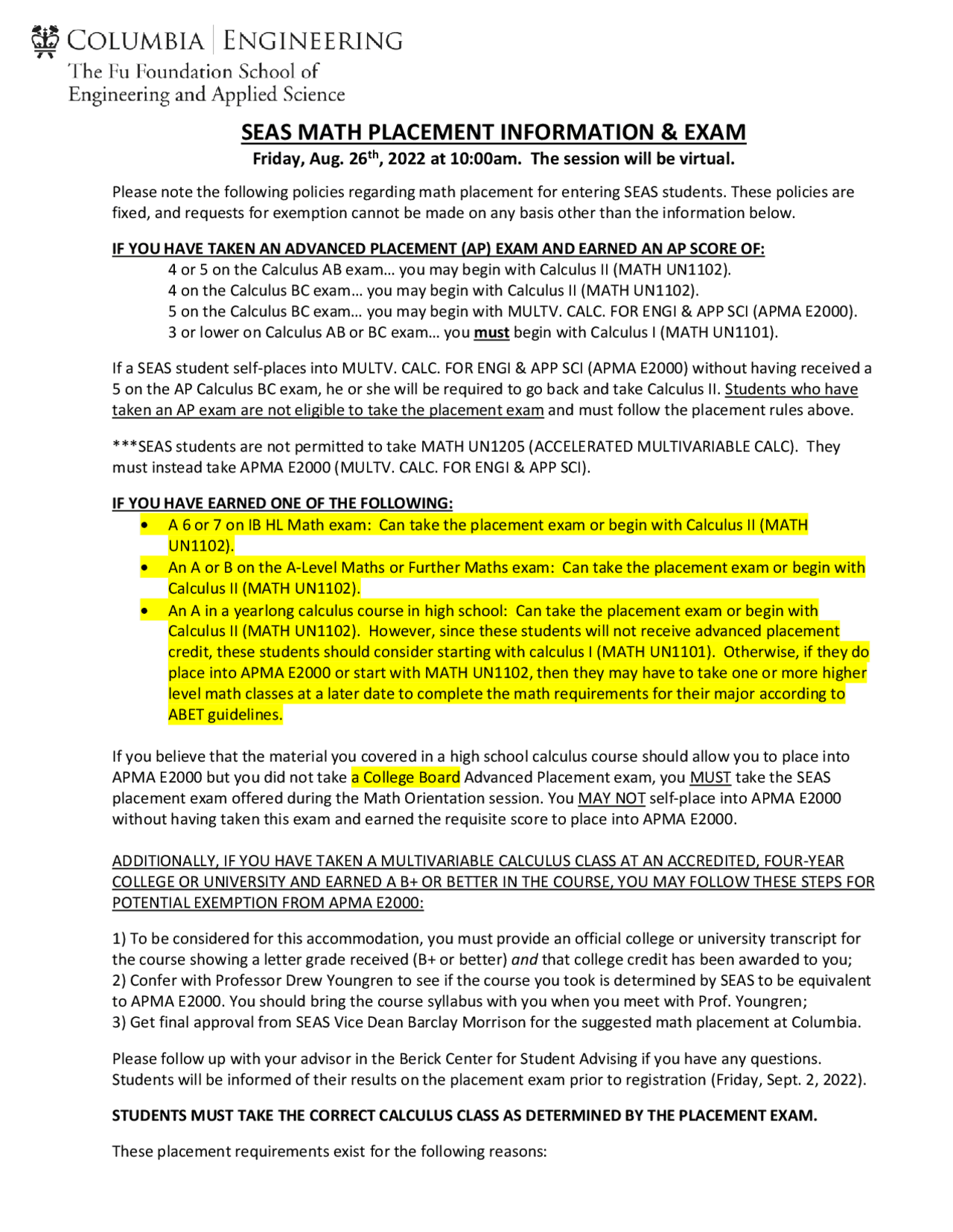 SEAS MATH PLACEMENT INFORMATION & EXAM | Summaries Calculus | Docsity