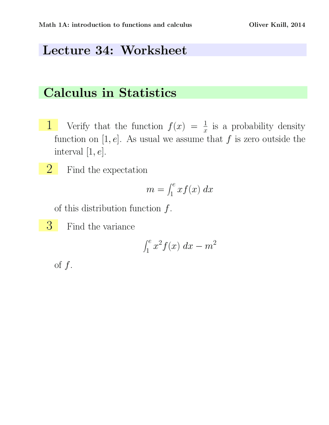 Lecture 34 Worksheet Calculus In Statistics Lecture Notes Calculus