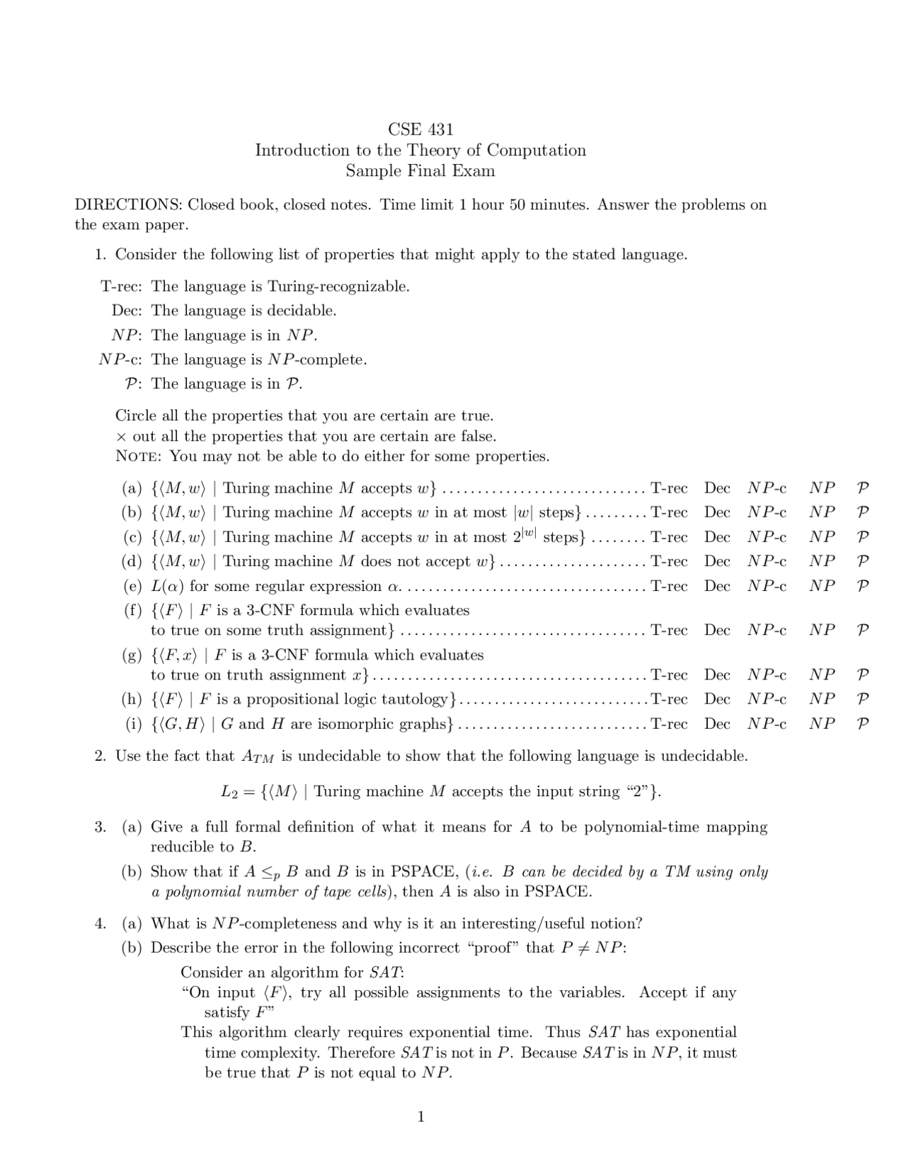 Sample Final Exam for Introduction to the Theory of Computation | Exams Theory of Computation ...