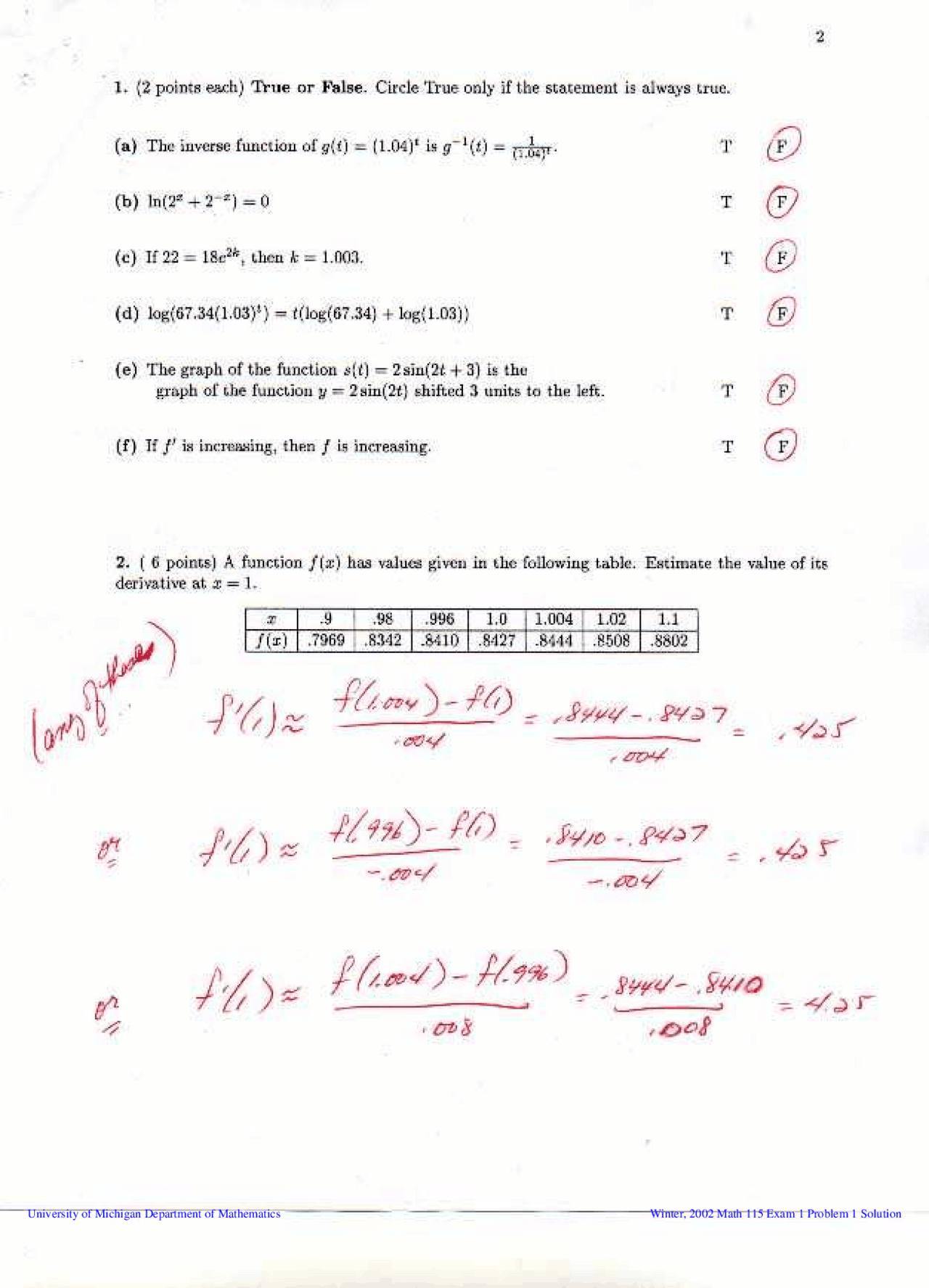Math 115 Exam 1 Problem 1 Solution | Exams Algebra | Docsity