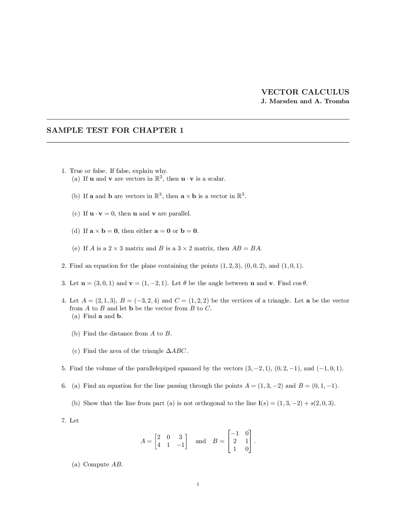 VECTOR CALCULUS SAMPLE TEST FOR CHAPTER 1 | Lecture notes Vector ...
